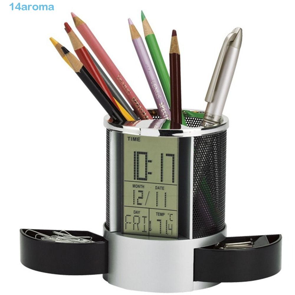AROMA Clock Pen Holder, Temp Digital LCD Electronic Pencil Organizer ...