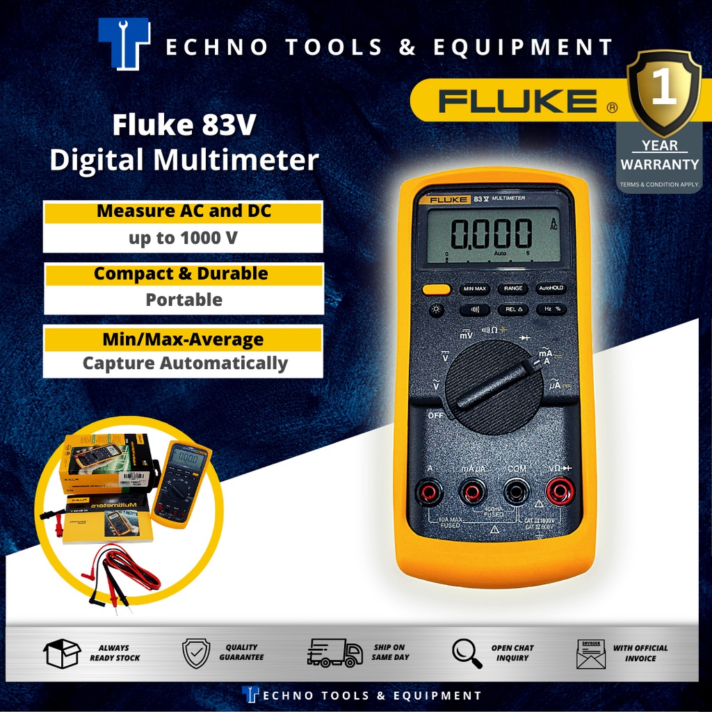 Fluke 83V Average Responding Industrial Multimeter | 1000V AC/DC | 10 A ...