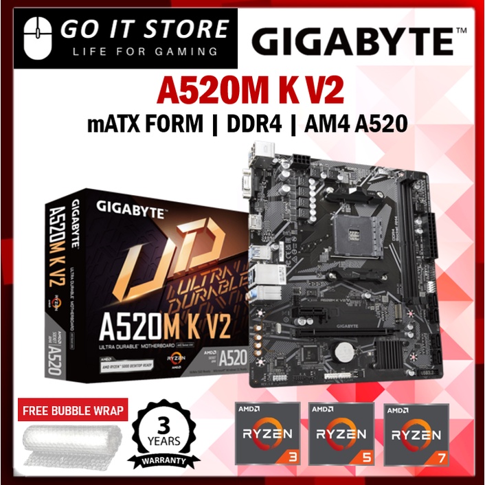 Gigabyte A520M K V2 DDR4 AMD AM4 A520 mATX Motherboard + AMD Ryzen 3000 ...