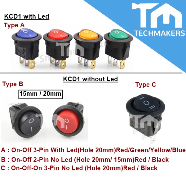 3-Pin KCD2 KCD1 Rocker Switch 20mm 16A 240V240VAC With/Without LEDLight ...