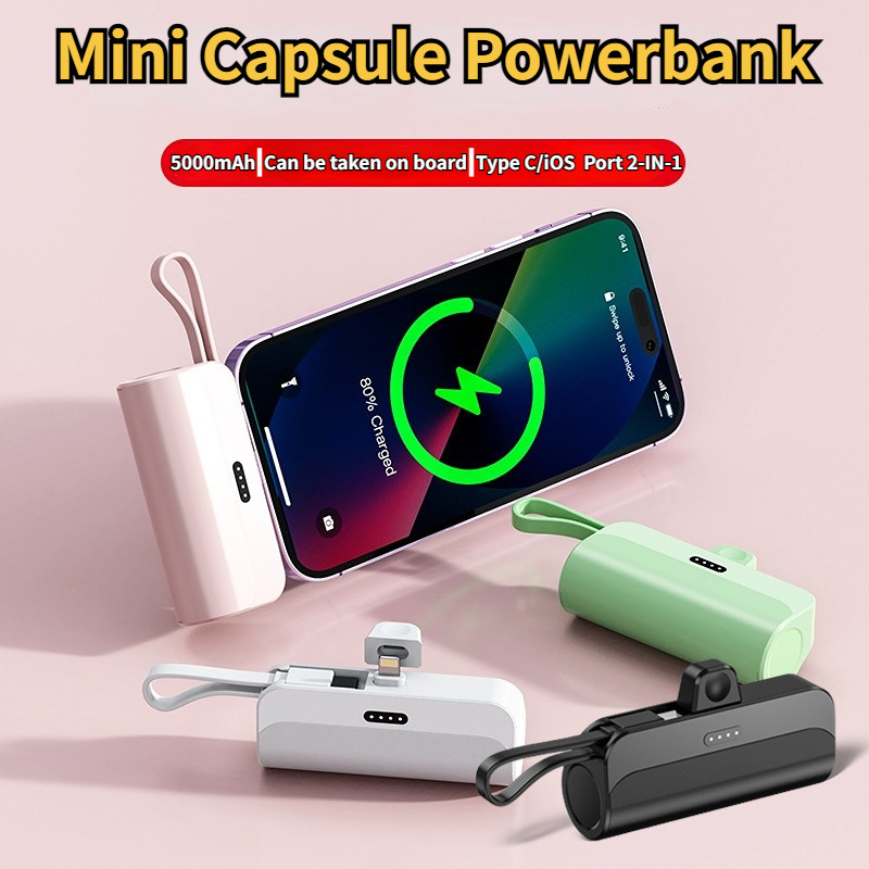 Portable Mini Capsule Powerbank Full Capacity 5000mAh USB Type C/iOS ...
