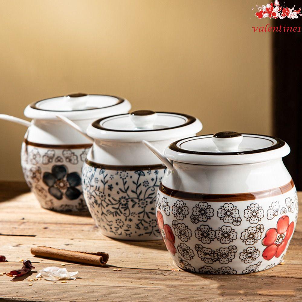 VALENTINE1 Ceramic Lard Jar, with Spoon with Lid Ceramic Seasoning ...