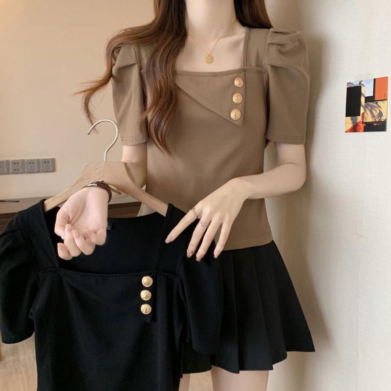 胖MM2023夏百搭别致港味复古chic甜辣妹方领上衣设计感短袖t恤女Fat MM2023 Summer Versatile and Unique Hong Kong Flavor ...