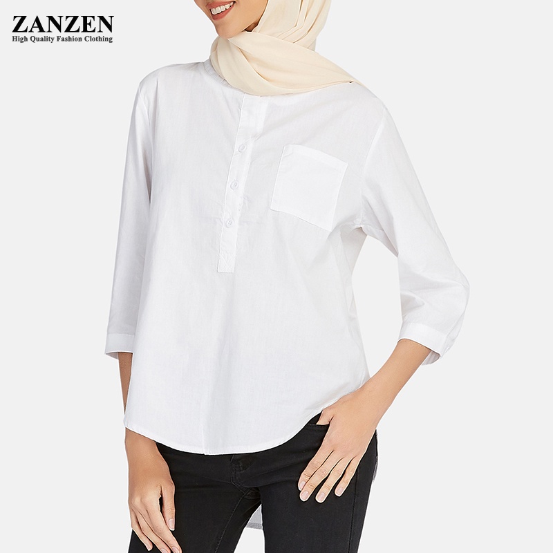 ZANZEN Women Elegant Cotton Plus Size Blouse Women's Mid-length Long ...