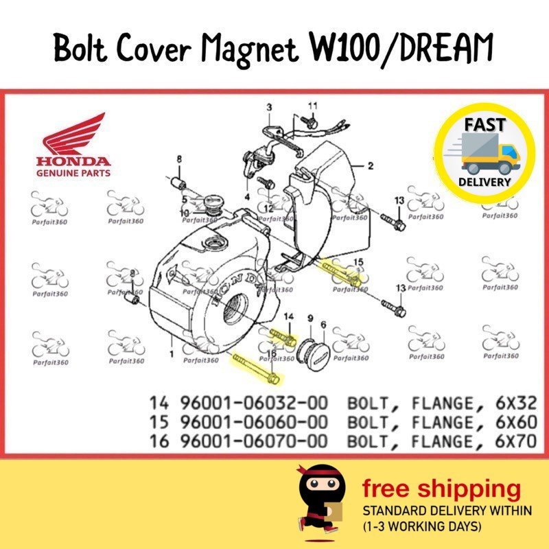 HONDA EX5 DREAM / W100 Bolt 6x32 6x60 6x70 Cover Magnet Crankcase LH ...