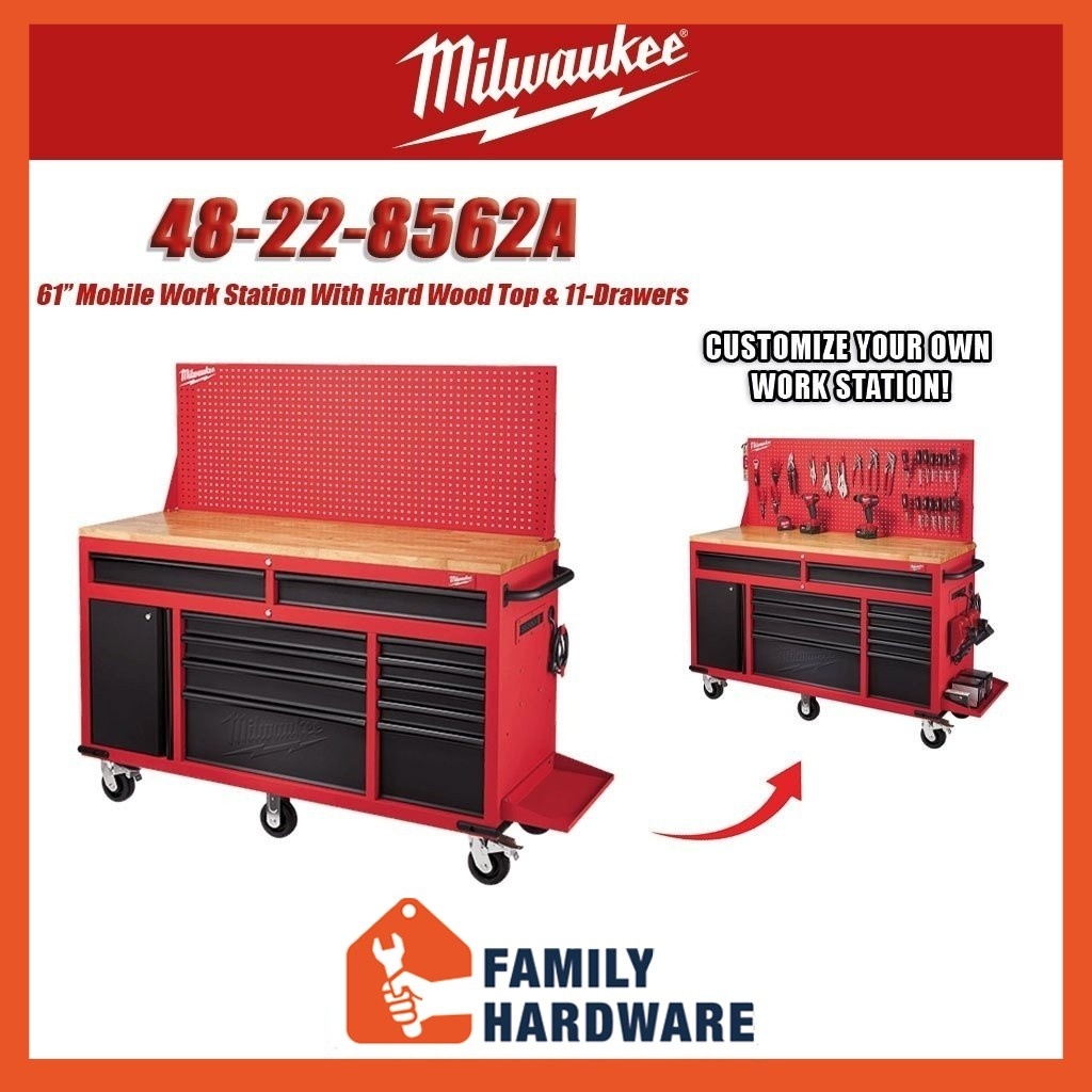 MILWAUKEE 48-22-8562A 61’’ Mobile Work Station With Hard Wood Top & 11 ...