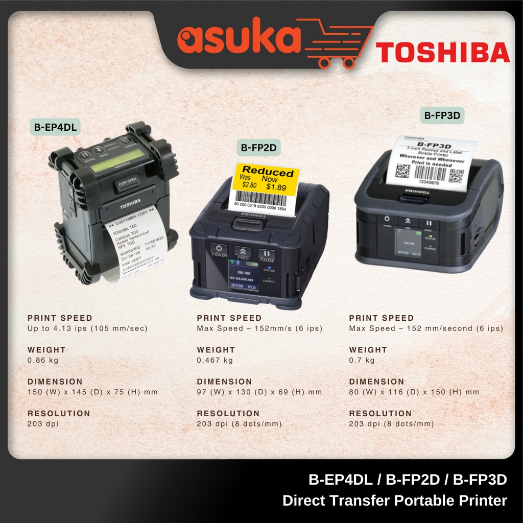 Toshiba B-EP4DL 4" 203dpi 4ips / B-FP2D 2" 203dpi 6ips / B-FP3D 3" Direct Transfer Portable ...