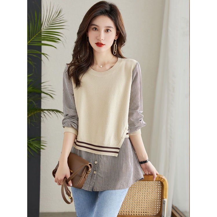 Fake Two-Piece Blouse Women Round Neck Knit Patchwork Top Baju Kemeja ...