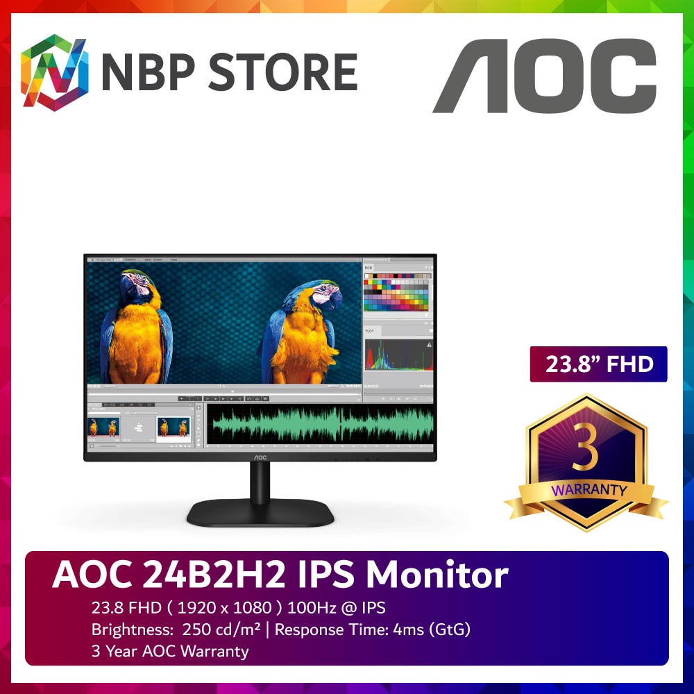 AOC 24B2H2 23.8" FHD 100Hz IPS Monitor Black ( HDMI, 3 Yrs Wrty ...