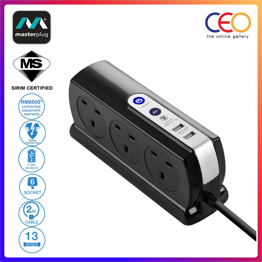 Masterplug Surge Protector 6 Gang 2 USB 3.1A 2 Meter Extension Leads ...