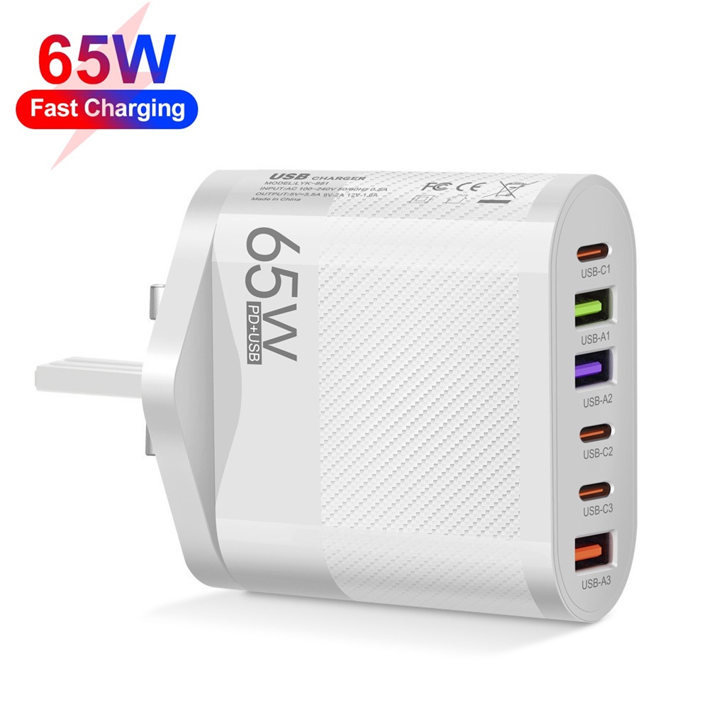 65W USB Charger 6 Ports 3 USB + 3 Type C Fast Charging Phone Power ...