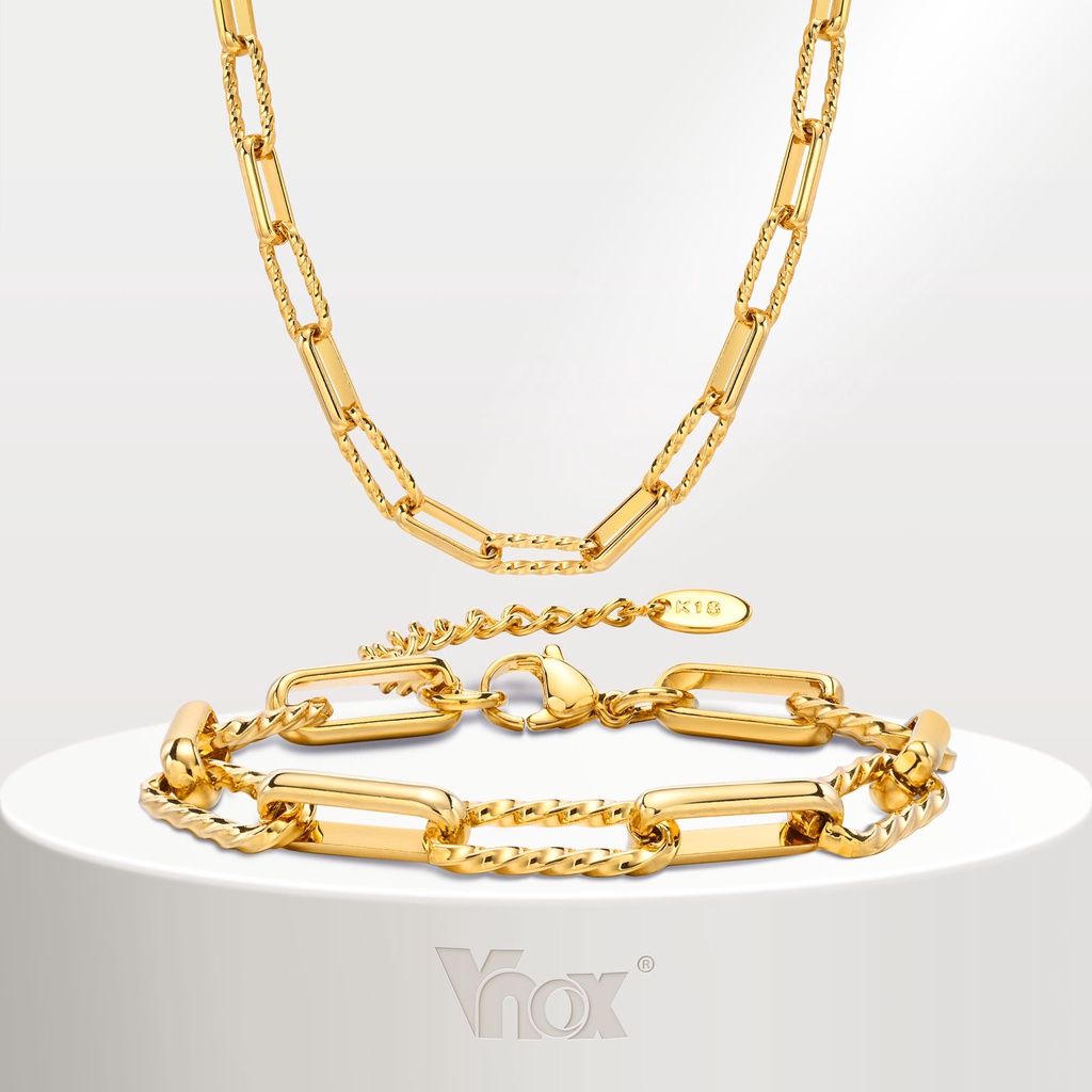 Vnox Trendy Handmade Paper Clip Chain Necklace and Bracelet Set,18K Gold Stainless Steel ...