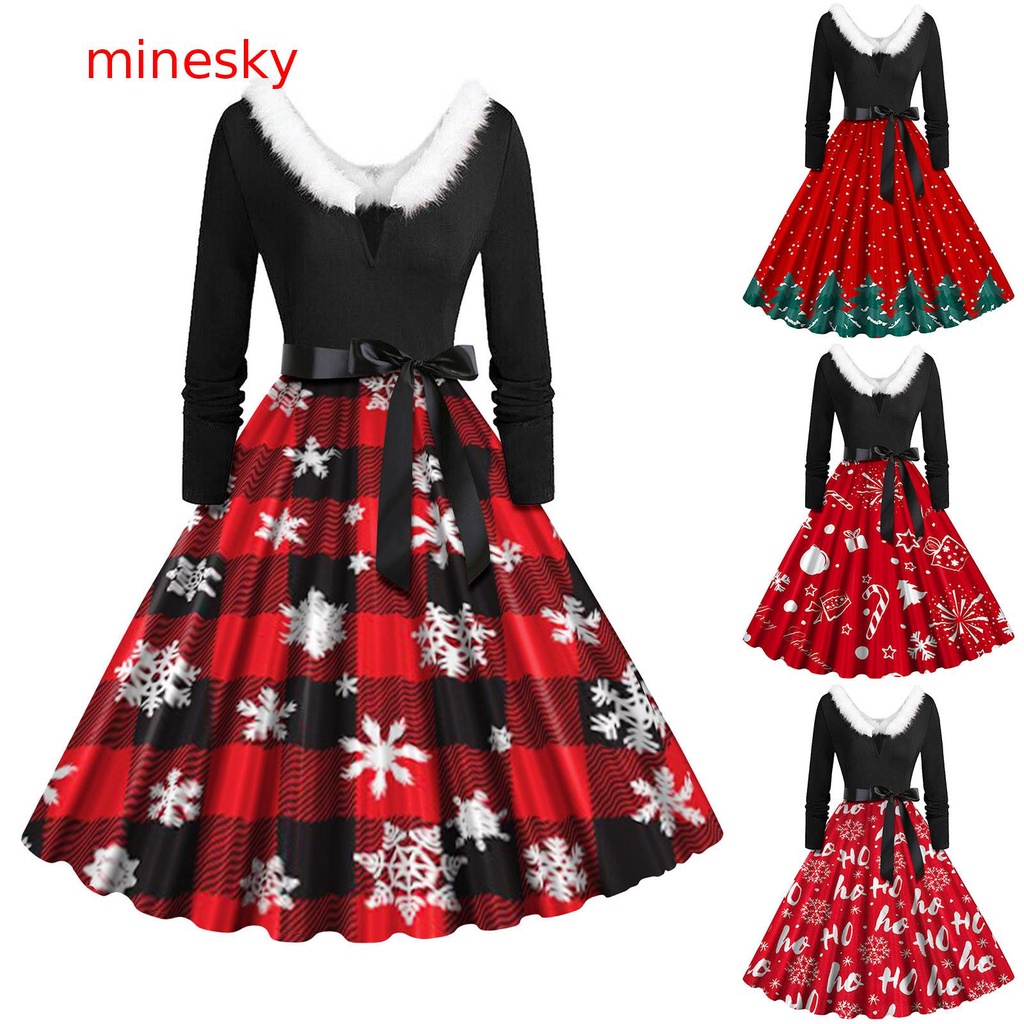 【minesky】 Lady Vintage Party Dress V Neck Long Sleeve Christmas