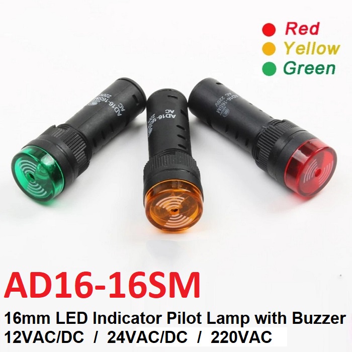 AD16-16SM Alarm LED Indicator Pilot Lamp with Buzzer (Red/Amber/Green ...