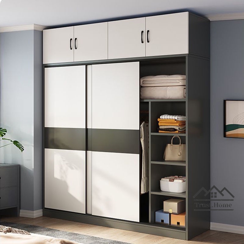Wardrobe modern minimalist home bedroom solid wood simple assembly sliding door cabinet children ...
