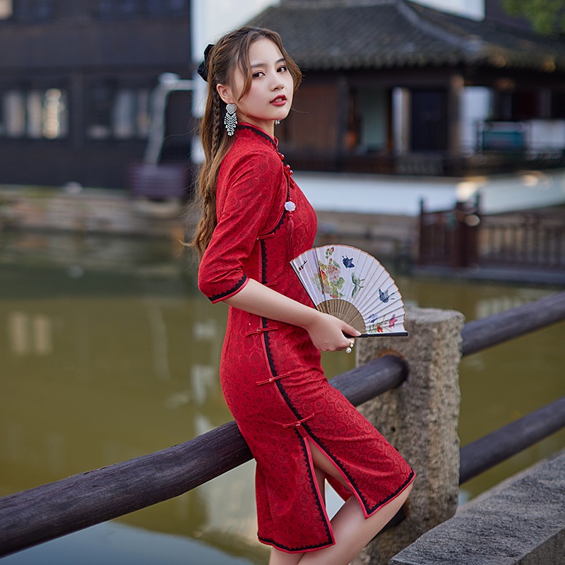 Suzhou 3/4 sleeve Lace Maroon Midi Cheongsam 1204-29 蘇州七分袖蕾絲棗紅中長旗袍 ...