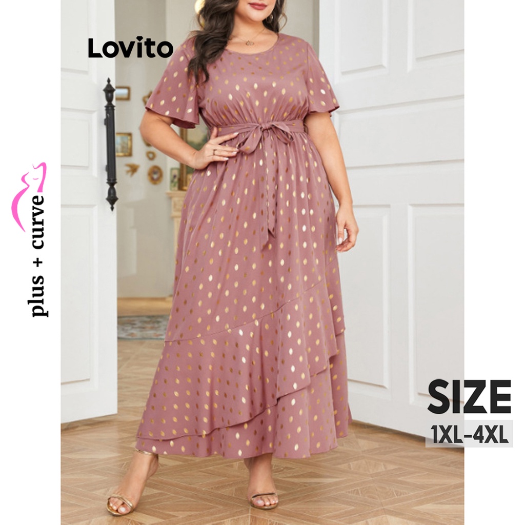 Lovito Plus Size Curve Elegant Polka Dot Ruffle Lace Up Wrap Dress For
