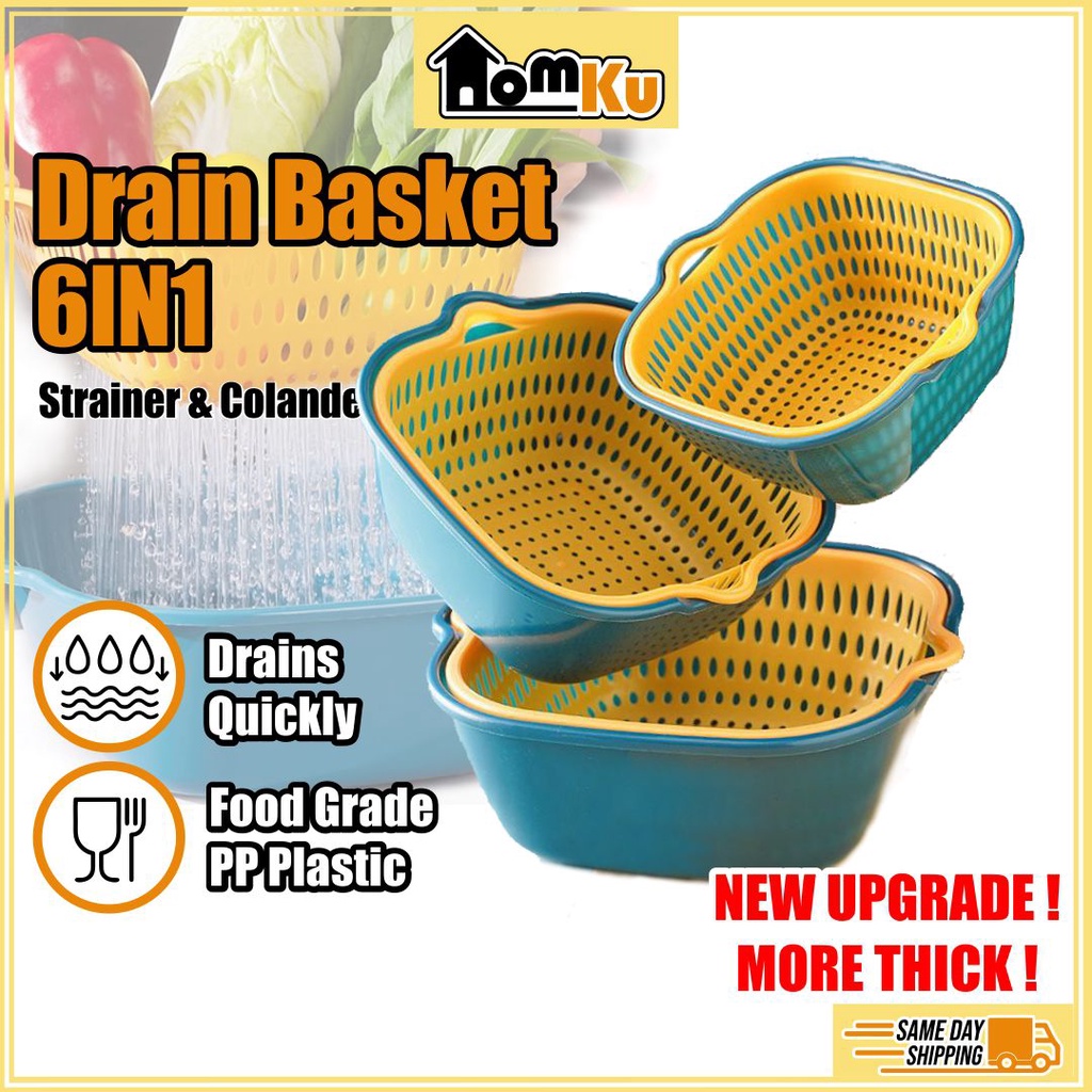 HOMKU Washing Colander 6IN1 Strainer Double Drain Storage Basket Fruit ...