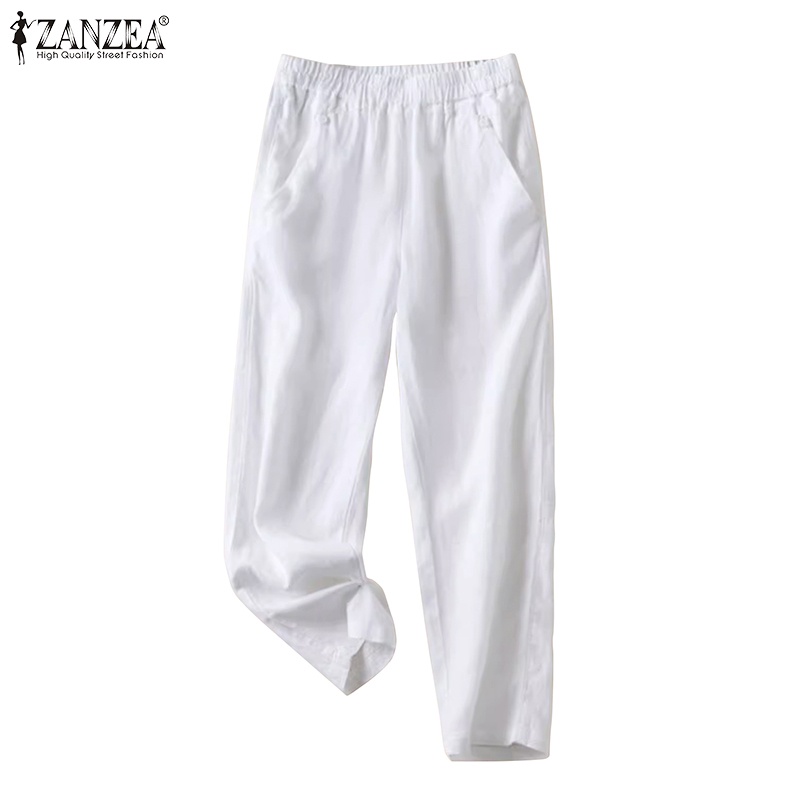 Zanzea Women Daily Solid Color Side Pockets Elastic Waist Harem Pants