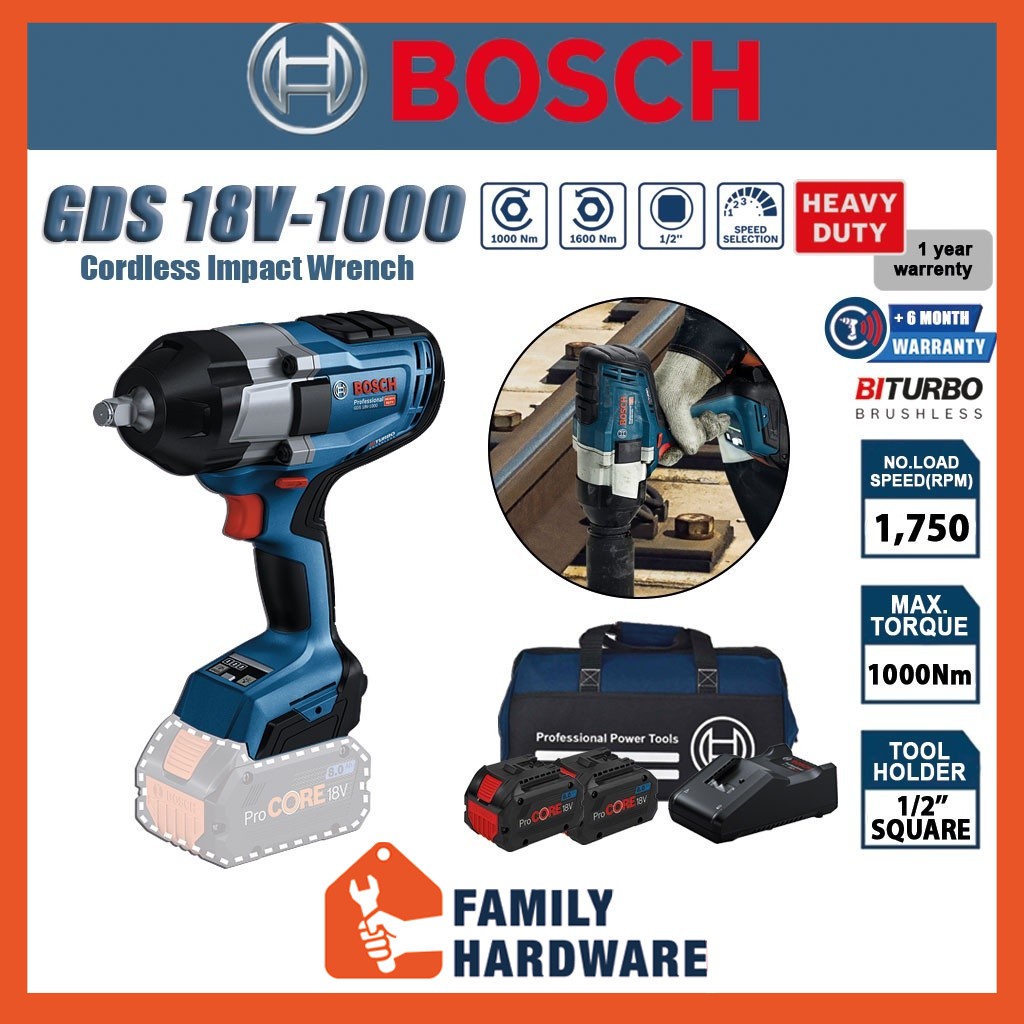 BOSCH GDS 18V-1000 Professional Cordless Impact Wrench 18V 1/2" High Torque BITURBO 1000NM ...