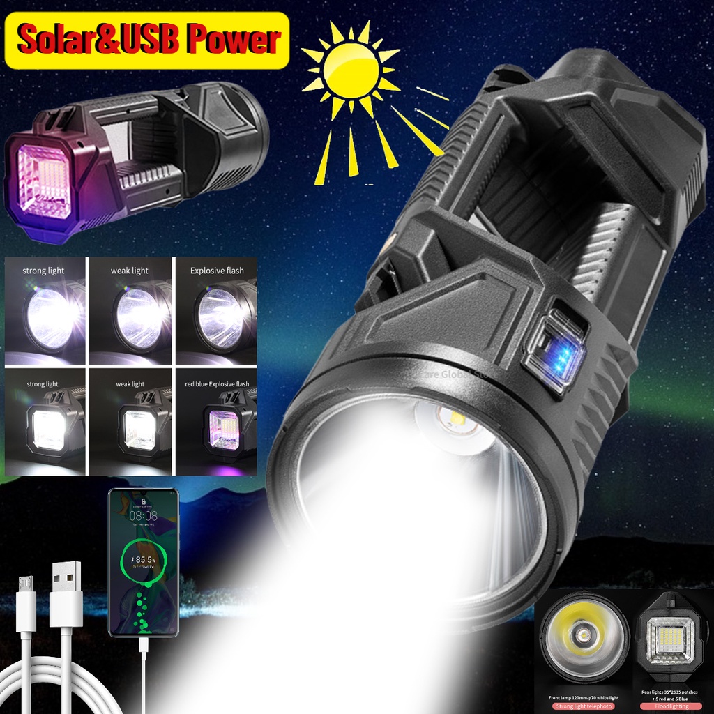 Super Bright XHP90 Powerful Solar LED Flashlight Spotlights Double Head ...