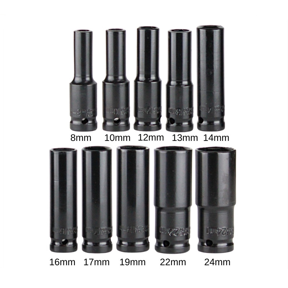 10PCS 1/2 Inch Long Professional impact socket set, black deep box set ...