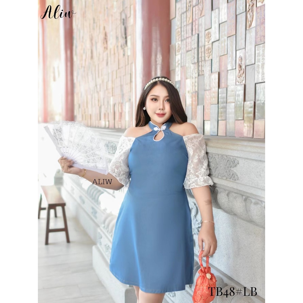 PLUS SIZE CHEONGSAM [ LACE SLEEVE DENIM CHEONGSAM DRESS] #TB48LB #中大码蕾丝袖牛仔旗袍款连身裙 | Shopee Malaysia