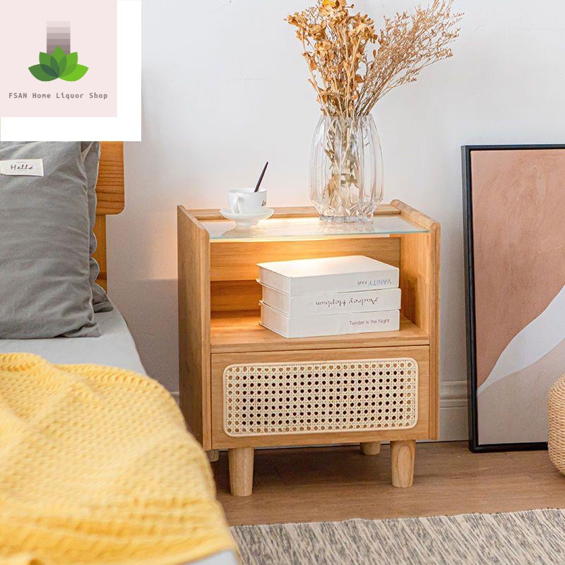 ∋Japanese style bedside table solid wood rattan modern simple glass ...
