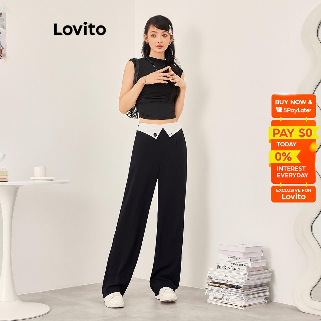 Lovito Casual Plain Colorblock Button Pants for Women L53AD061 (Black ...