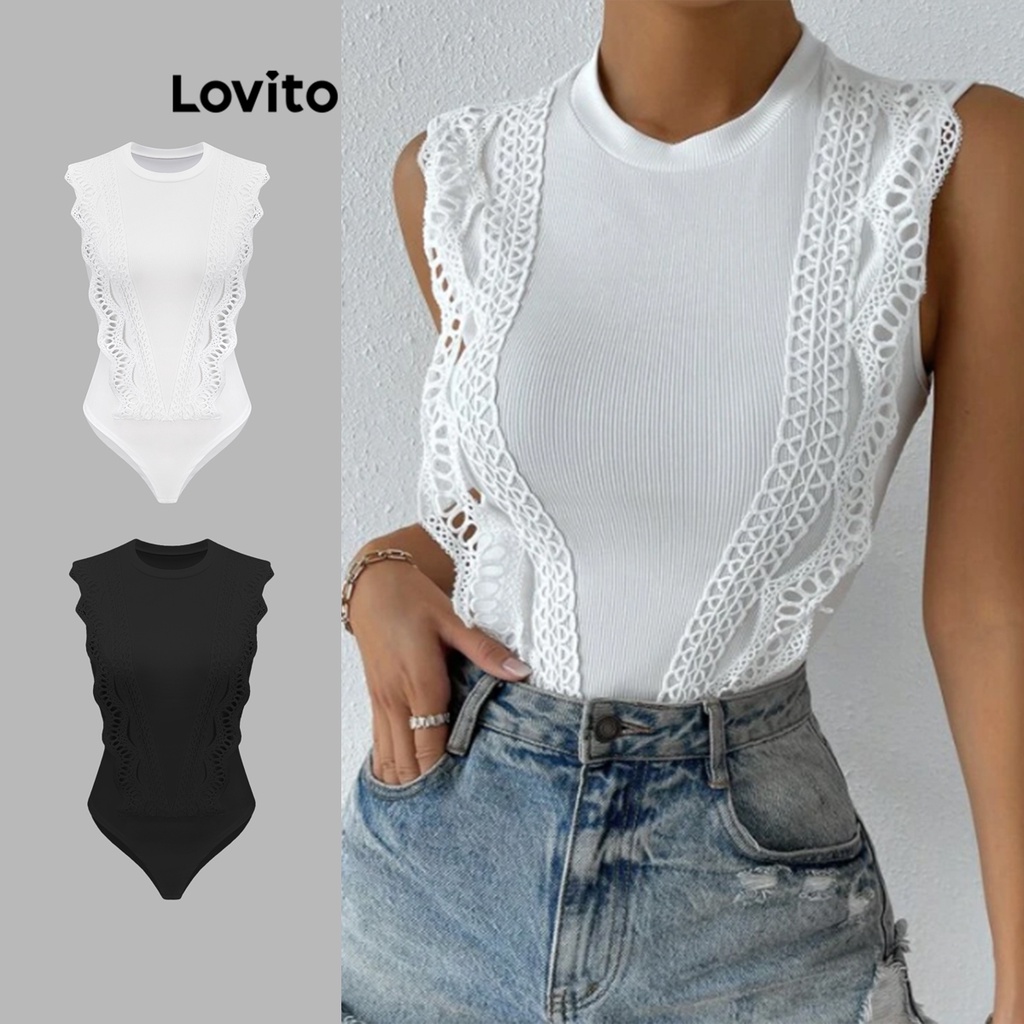Lovito Casual Plain Lace Jacquard Bodysuit for Women LBE04075 (White ...
