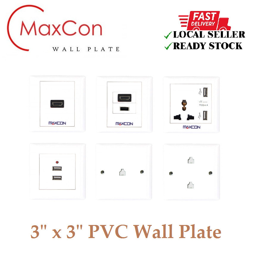 MAXCON 3" x 3" PVC Wall Plate HDMI Socket With USB Wall Charger 3 Pin Multi Socket Telephone ...