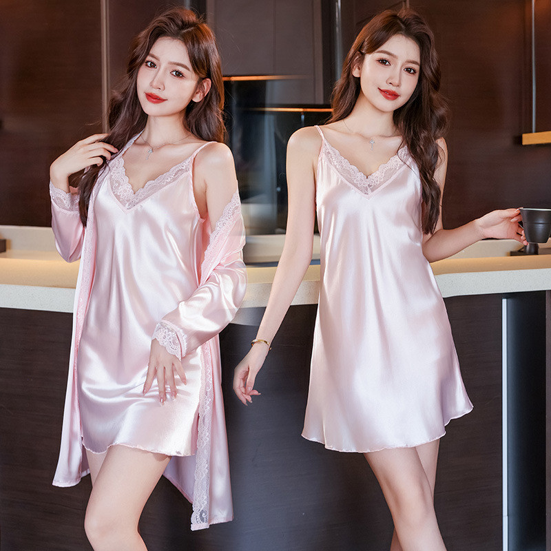 Baju tidur sutera tiruan wanita seksi suspender baju tidur set ais ...