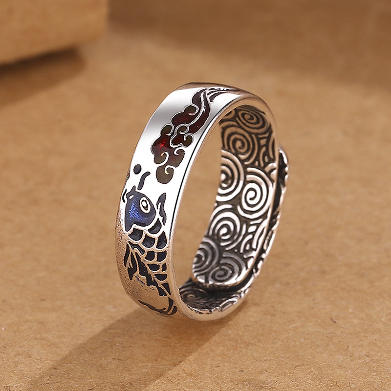 Ring Retro Cloisonne Carp Auspicious Cloud Girl Thai Silver Unique Opening Adjustable Fashion ...