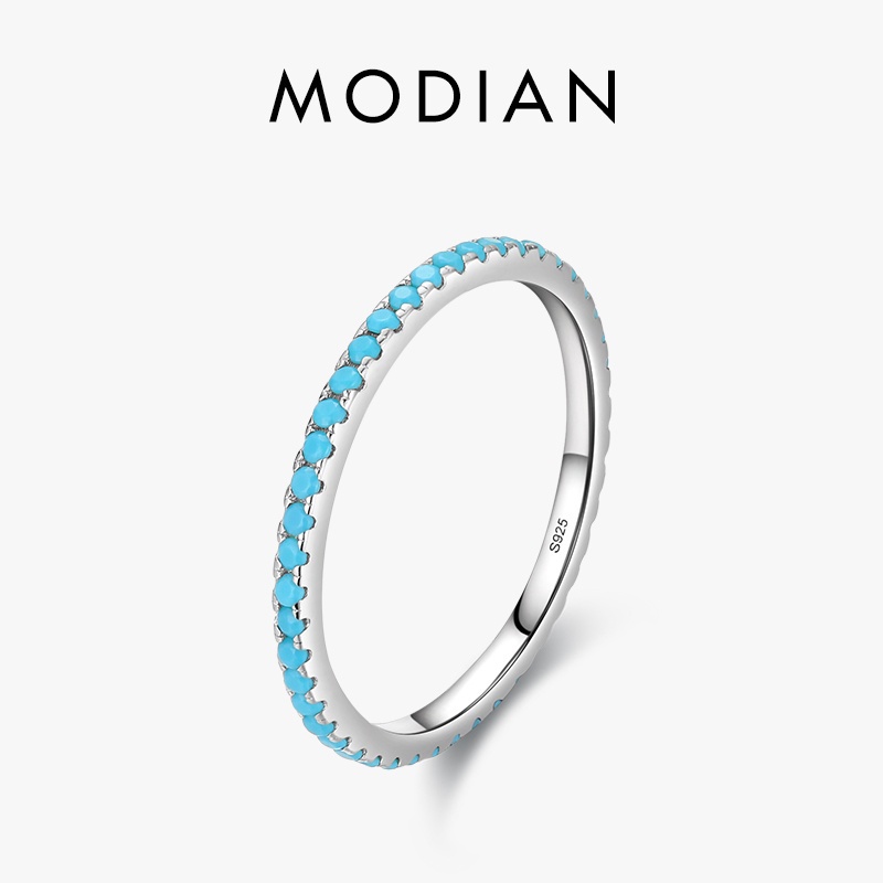 Modian 100% 925 Sterling Silver Classic Exquisite Circle Turquoise Charm Stackable Finger Ring ...