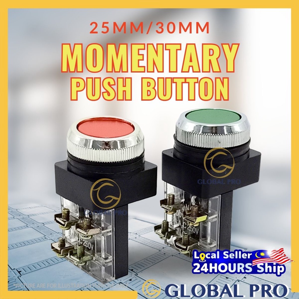 25mm / 30mm Momentary Flat Push Button Switch Self Reset Spring Return Button Switch Mounting ...