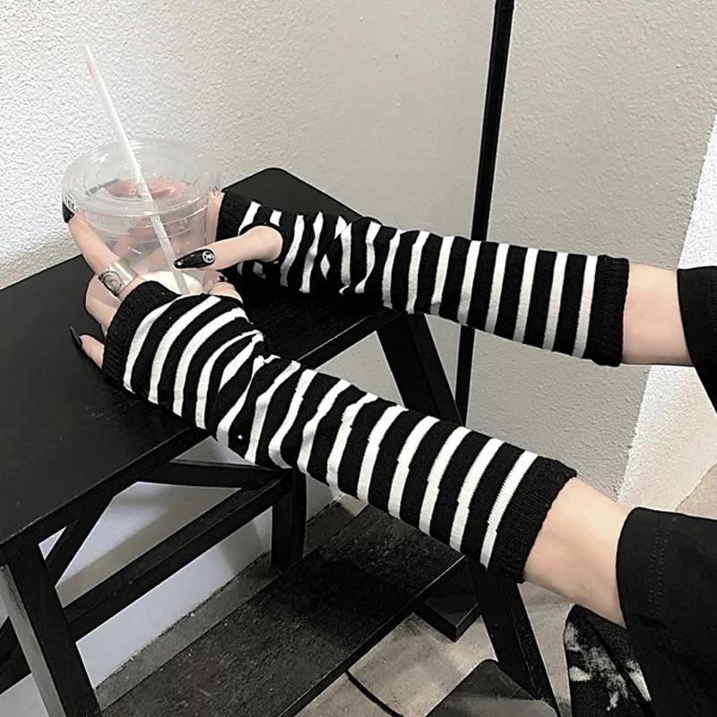 Y2K Fingerless Knitted Mittens Women Cosplay Anime Winter Arm Warmers ...