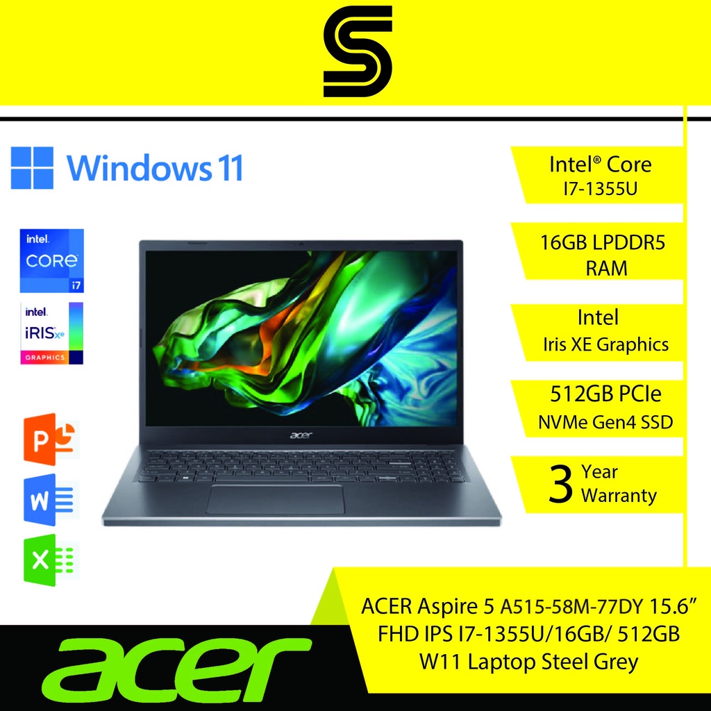 ACER Aspire 5 A515-58M-77DY Consumer Laptop - Steel Grey (15.6"FHD IPS ...