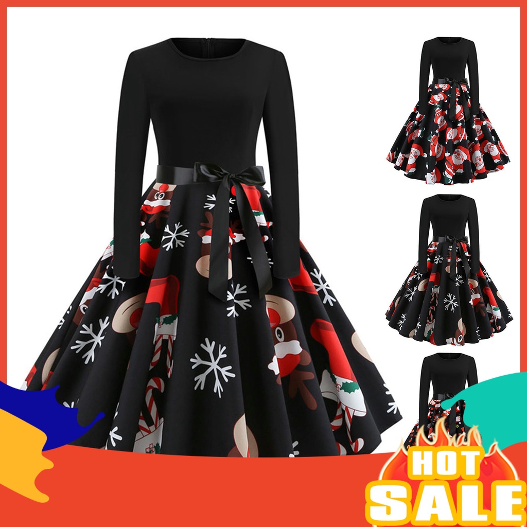 LU-Women Chirstmas Dress Round Neck A-line Loose Hem Long Sleeve Mid ...
