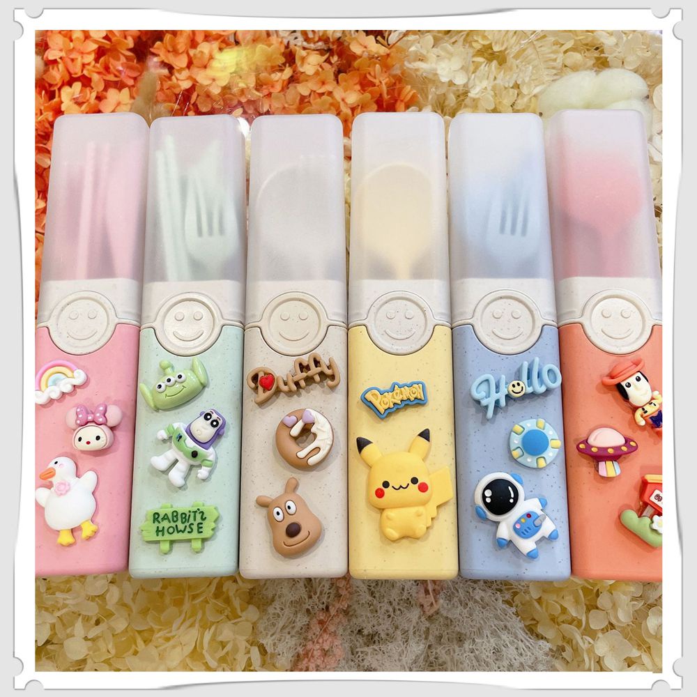 4pcs/set Tableware Kawaii Kt Wheat Straw Chopsticks Spoon Fork Set ...