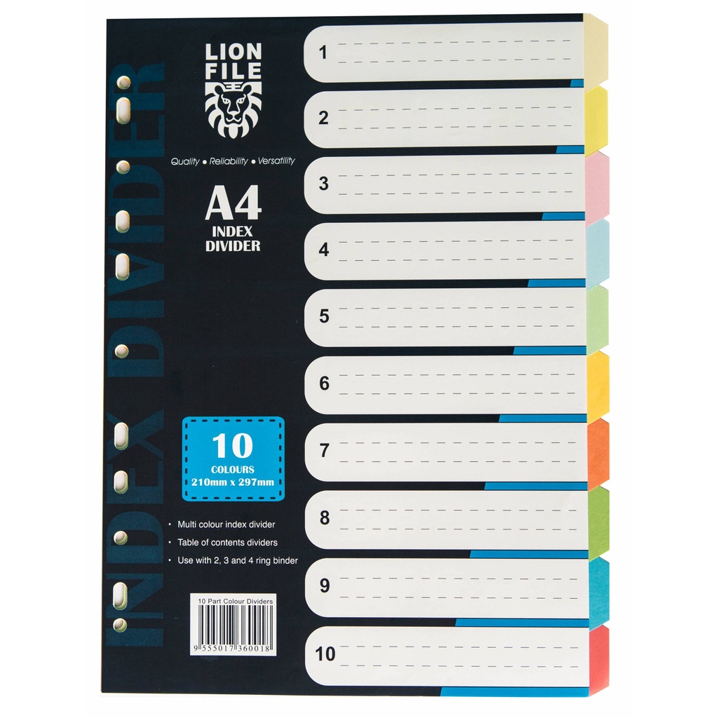Lion File A4 Index Divider 10 Part Colour Dividers - 5 Sets (10 Colours ...
