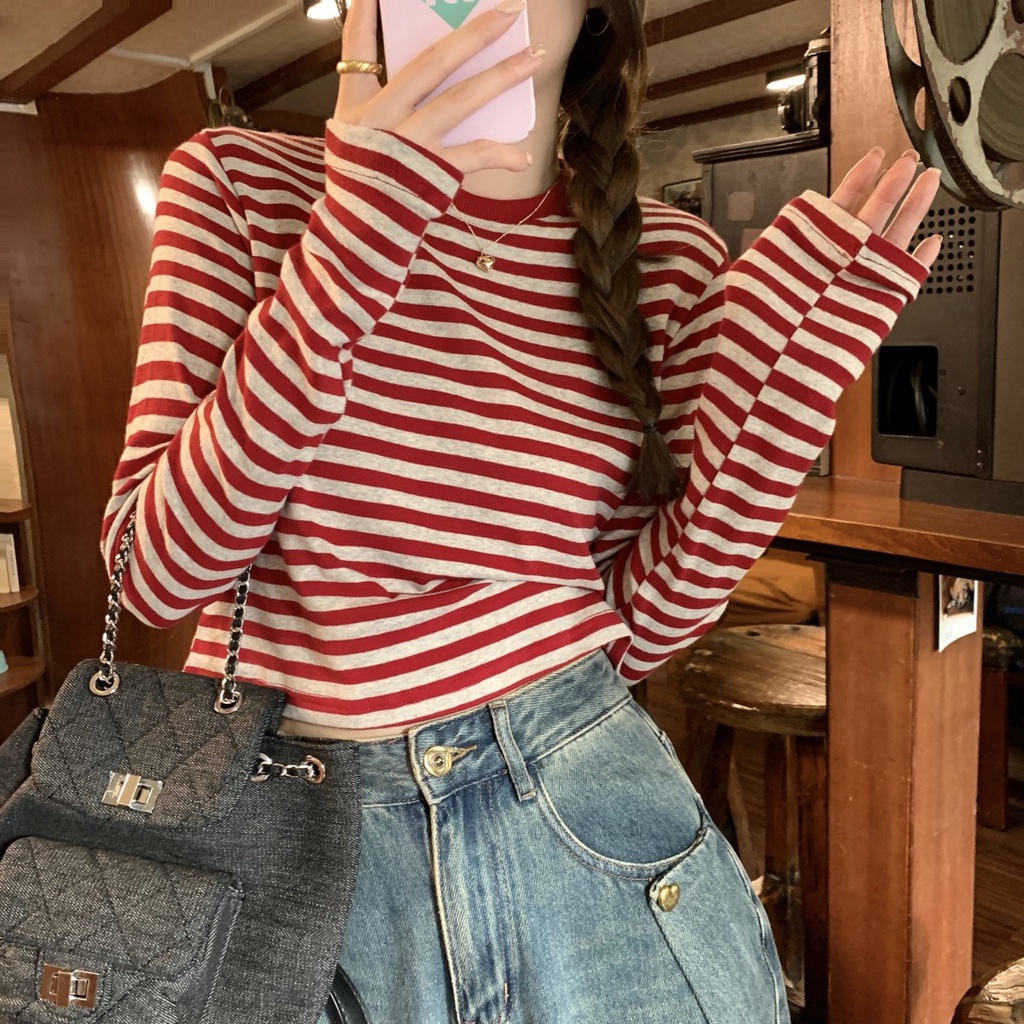 【X-style】New Casual Slimmer Look Inner Short Striped Long Sleeve T ...