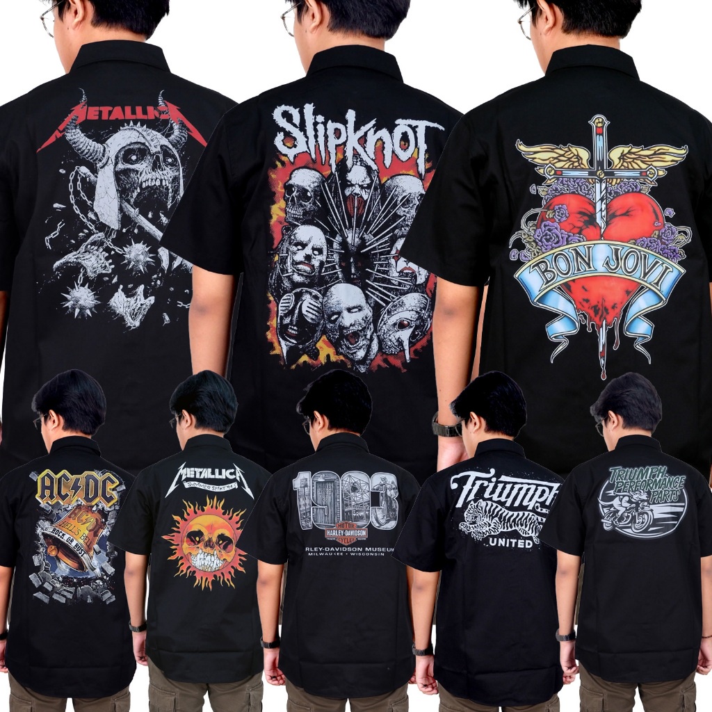 HITAM KEMEJA Workshirt WORK SHIRT BAND MUSIC MOTORCYCLE RIDER BLACK ...