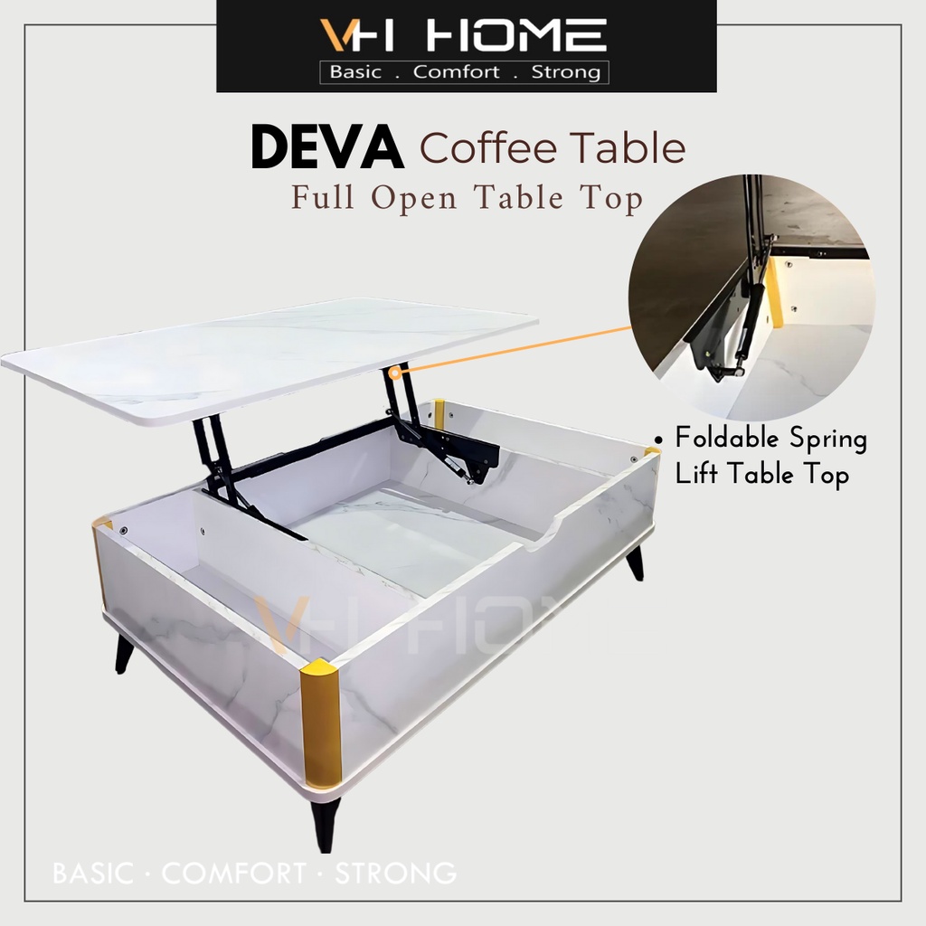 VH DEVA Coffee Table Marble Board Foldable Spring Lift Table Top Meja ...
