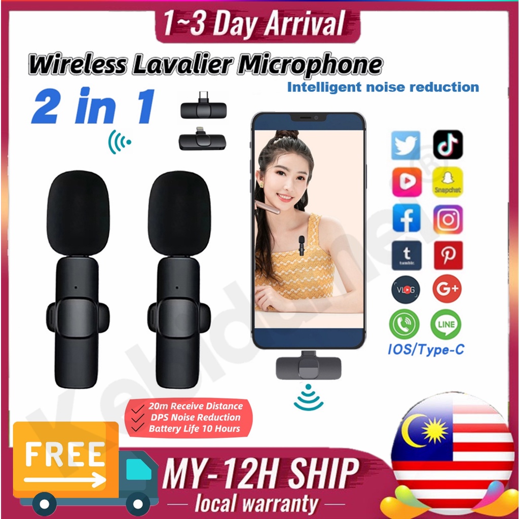 (Local Seller) Kebidumei K9 Wireless Lavalier Microphone Type C Dual Microphones Noise Reducing ...