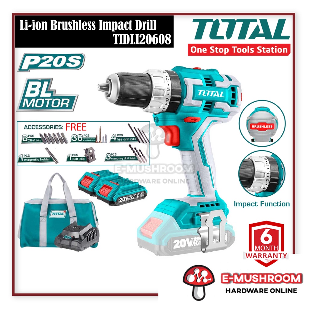 Total TIDLI20608 Li-ion 20V Brushless Impact Drill | Shopee Malaysia