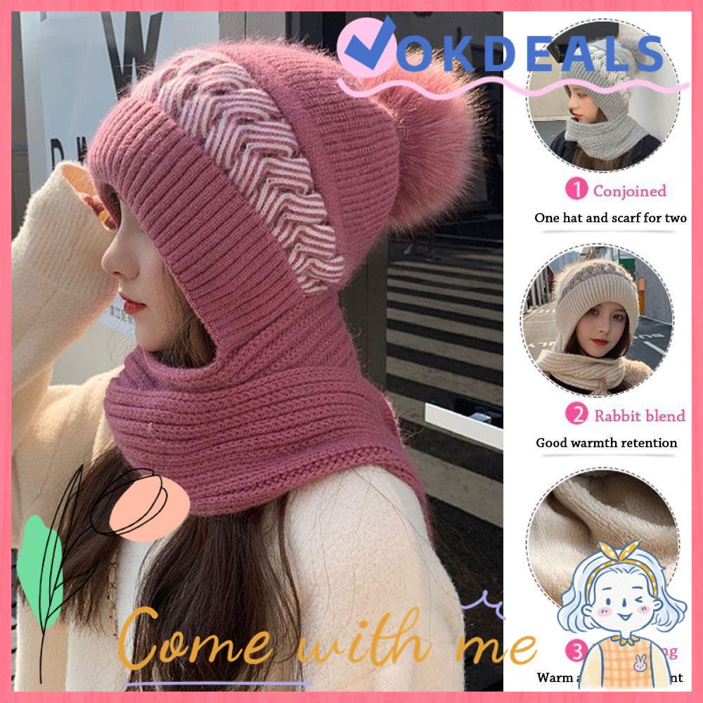 OKDSHOP Beanie Hat Scarf, Knitted Thickening Integrated Cap Scarf ...