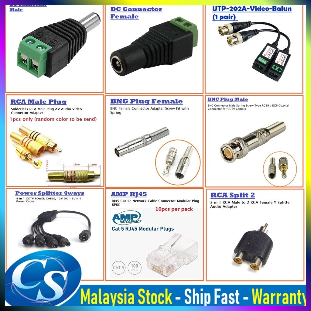 CCTV POWER Connector Plug MALE / FEMALE BNC Connector Spring RJ45 RCA ...