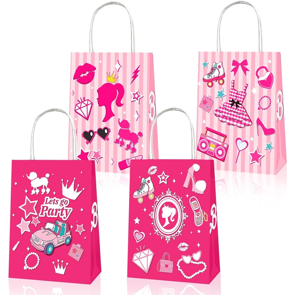 12PCS Barbie Princess Theme Paper Bag Gift Bag Pink Party 21X15X8cm ...