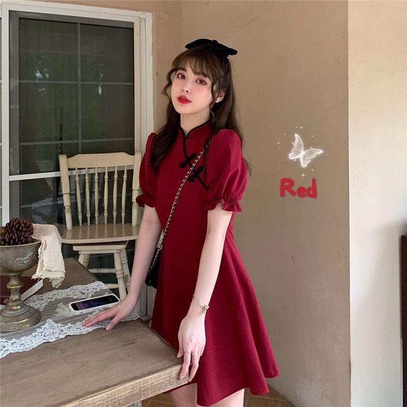 Ready Stock Women Qipao Style Dress New Year Red Dress Collar Neck ...