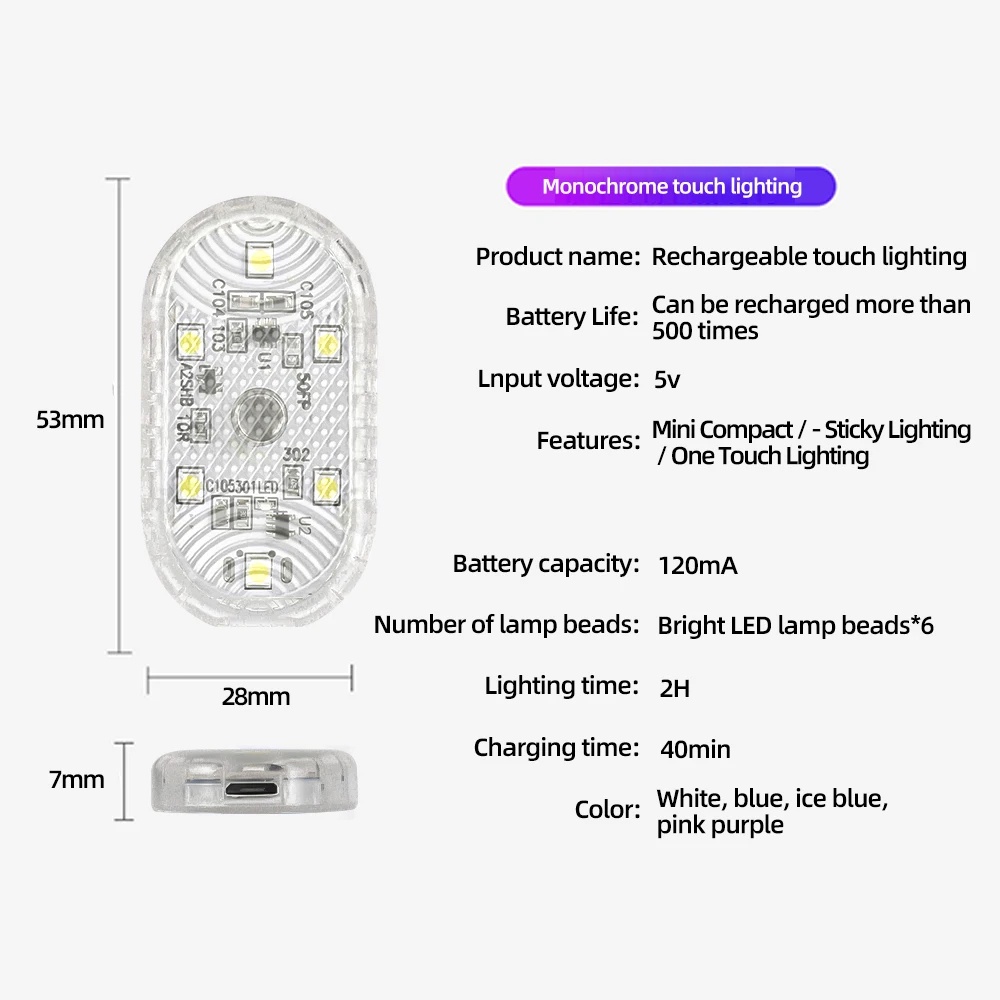 6LED Car Touch Lights Rechargeable Auto Interior Dome Light Roof ...